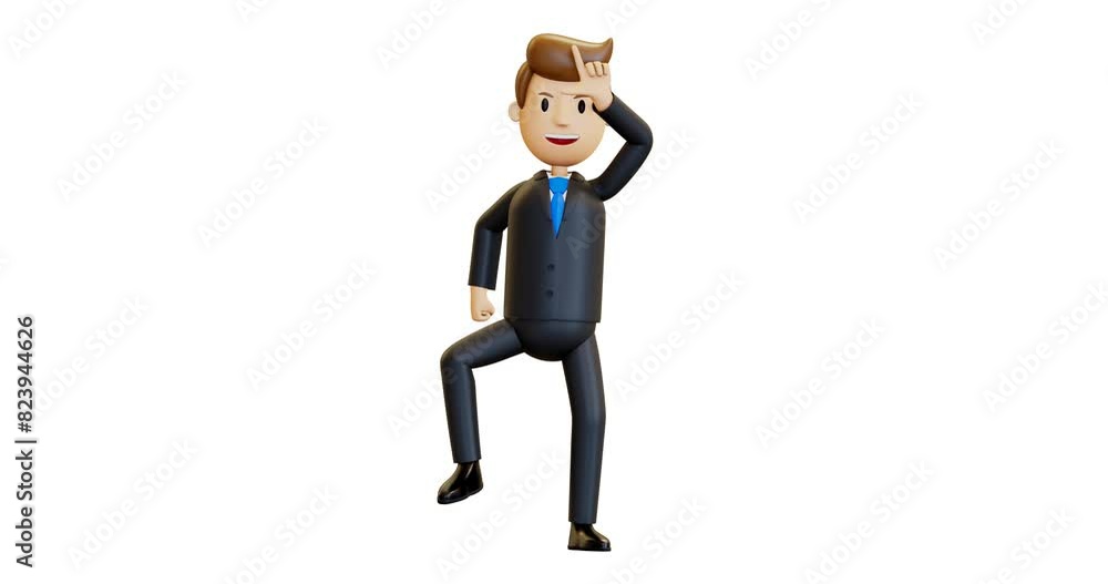 3D animation man. An angry office worker jumps for joy and laughs at ...