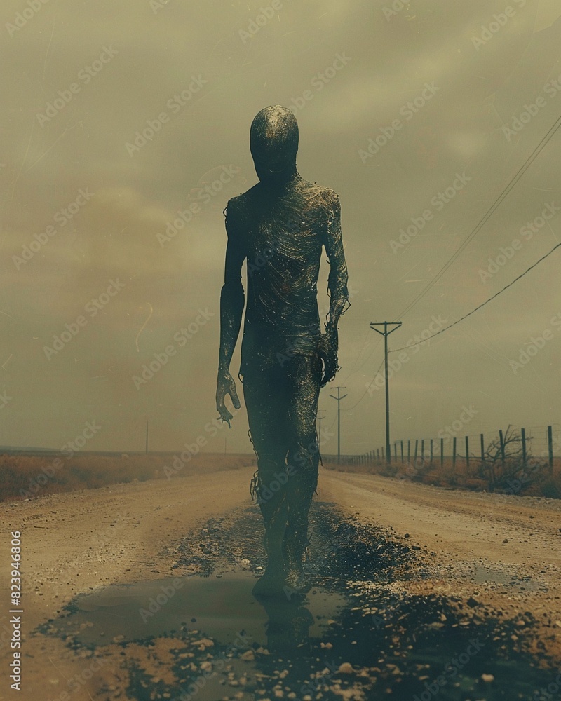 A tall, thin humanoid figure with a smooth, featureless head and long ...