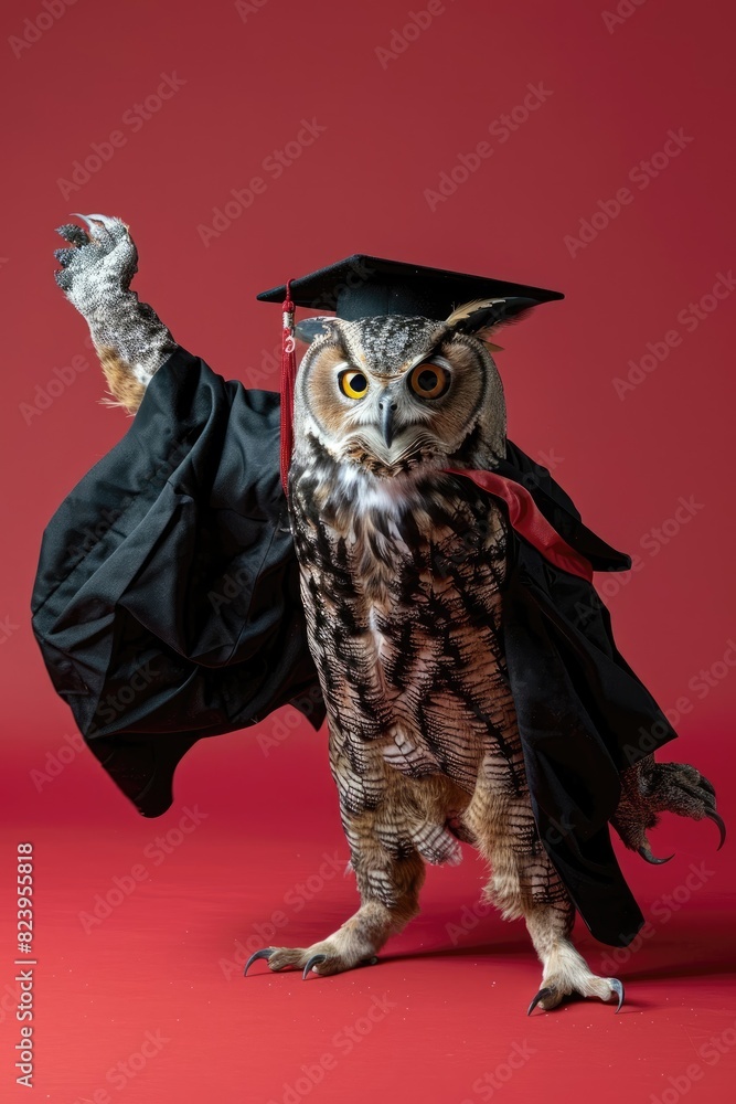 A photo of an owl in a graduation gown, striking a playful pose with ...