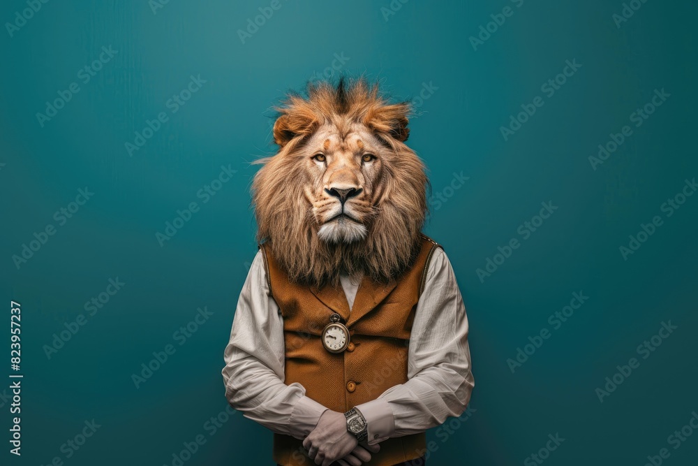A dynamic photo of a lion in old-fashioned clothing, complete with a ...