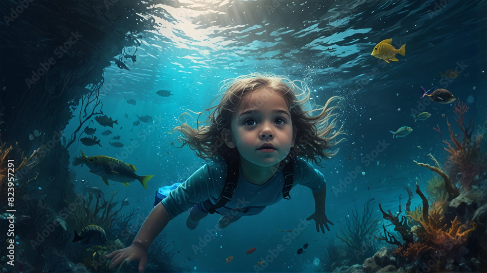 World oceans day illustration. a curious little girl dives into the sea ...