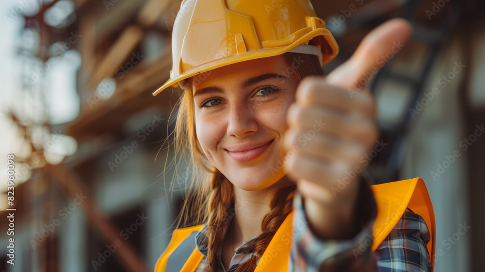 Smiling female construction worker giving thumbs up at worksite. Stock ...