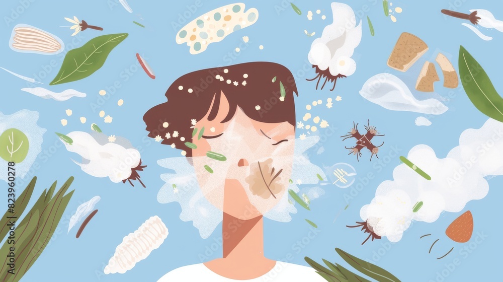 An illustration visualizing a person sneezing surrounded by pollen ...