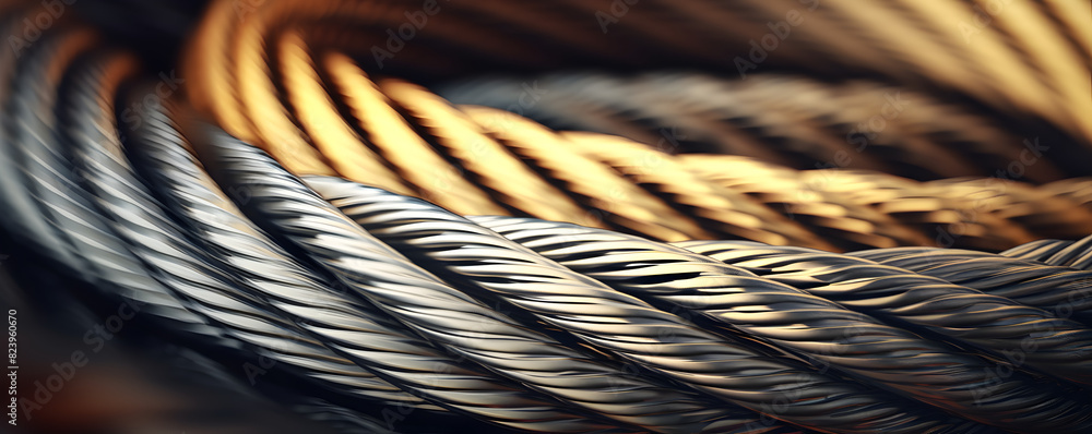 Steel twisted cable wound on a drum next to each other closeup, Steel ...
