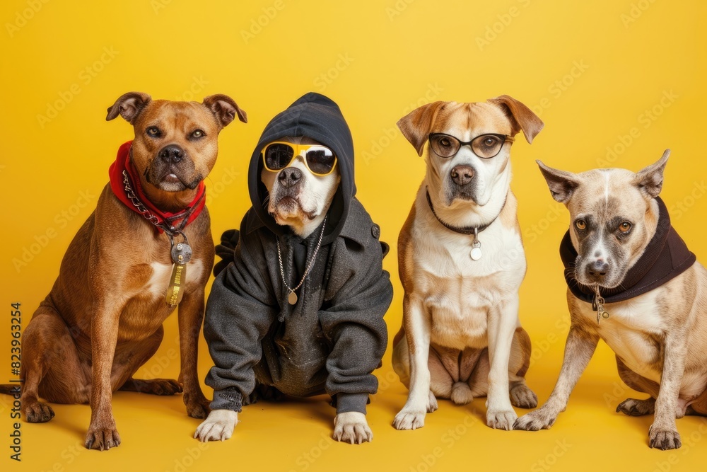 Various breeds of dogs in hip-hop gangster clothes, posed in a casual ...