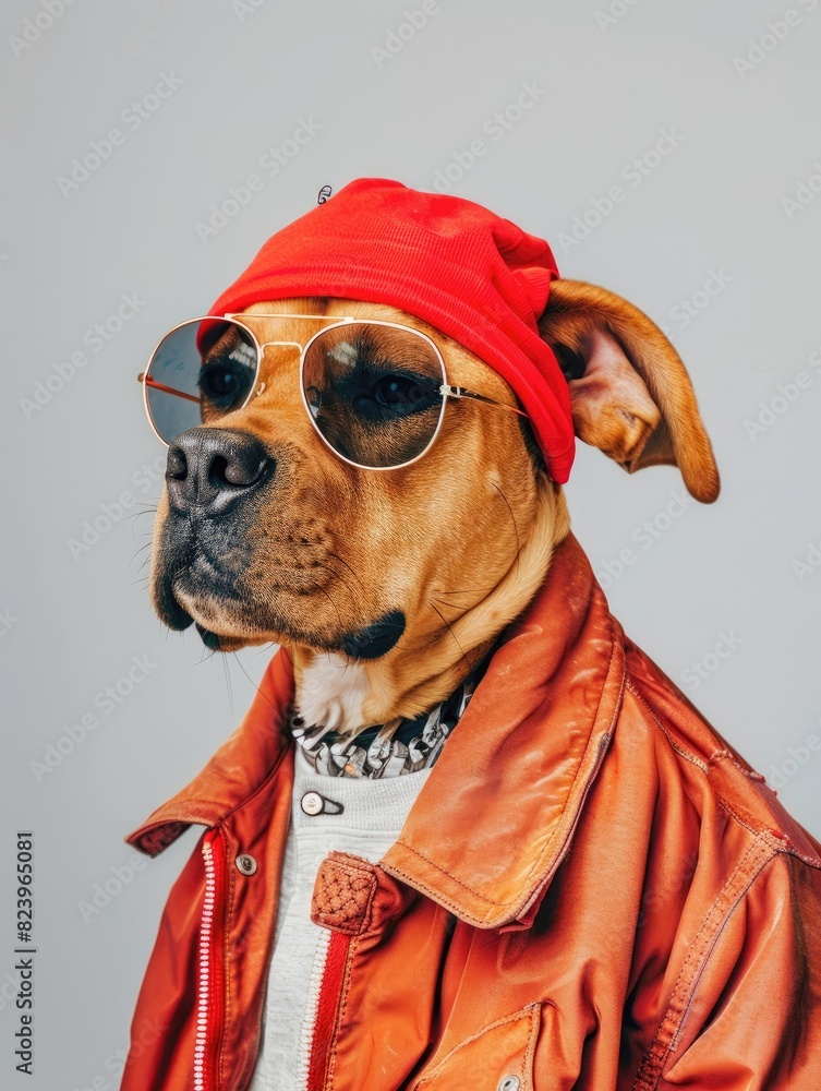 Dogs wearing stylish hip-hop clothes and accessories, arranged ...