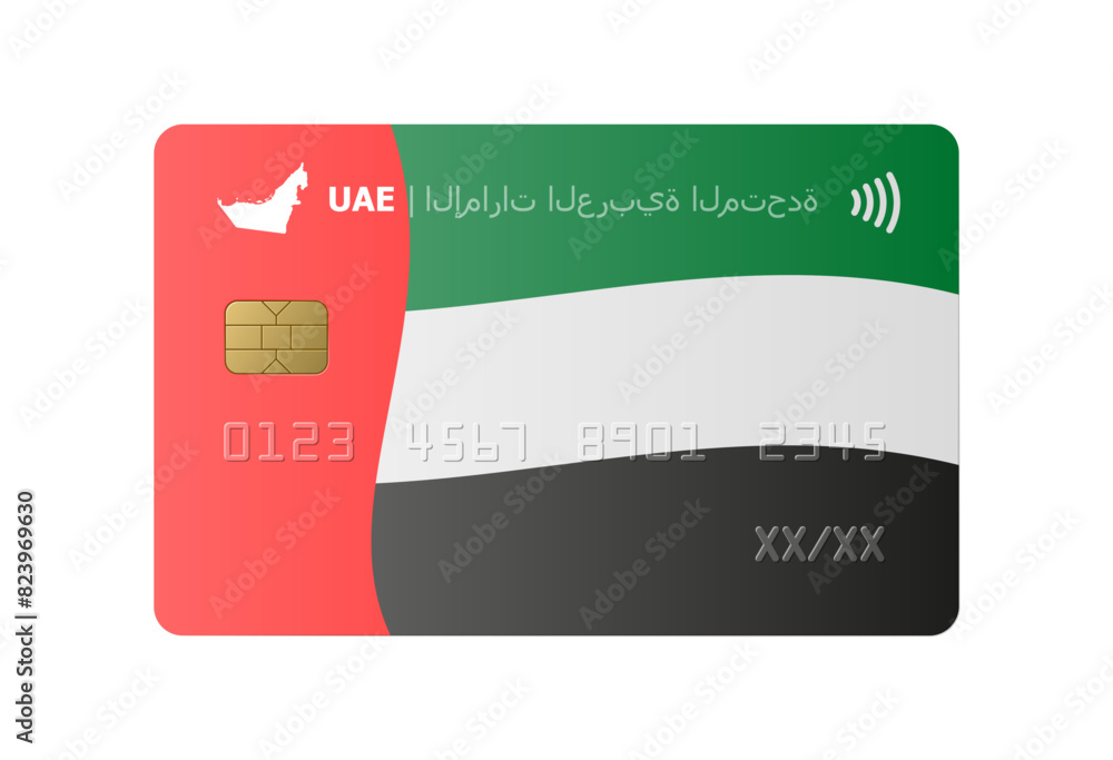 Bank credit card with flag and map of United Arab Emirates isolated on ...
