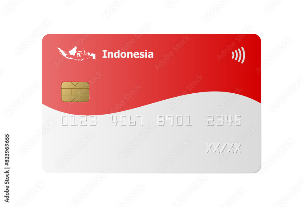 Bank credit card with flag and map of Indonesia isolated on white ...