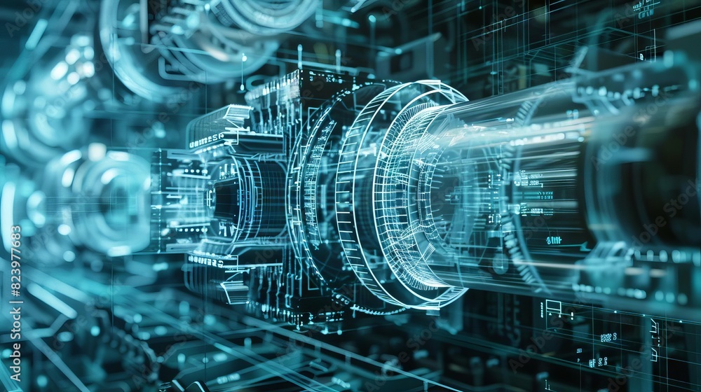 futuristic holographic 3d model of complex mechanical system ...