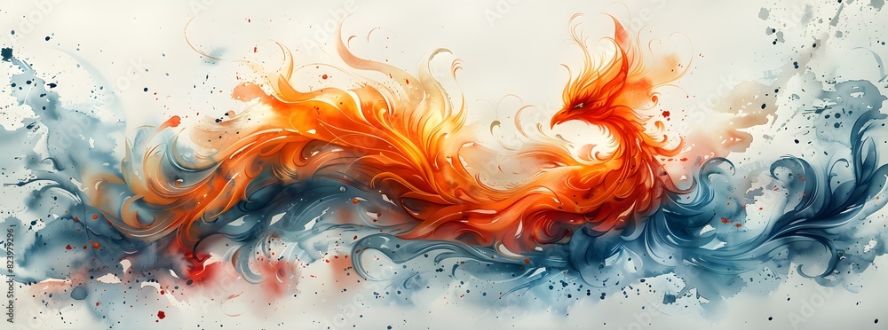 Watercolor red and orange phoenix bird fire fantasy firebird abstract ...