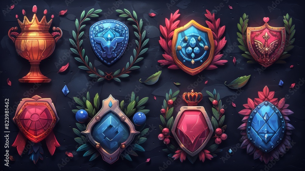 Award set with modern awards for sports and games, medals, bowls ...