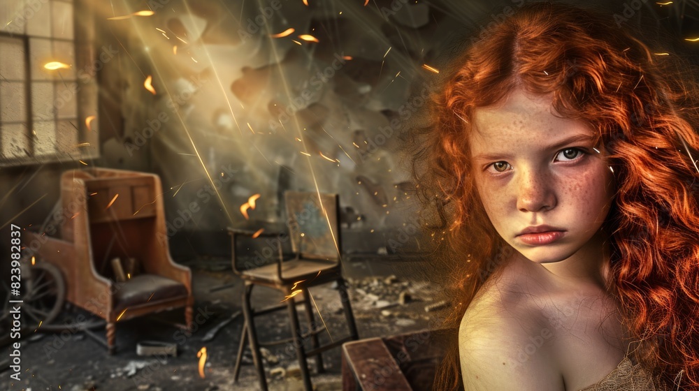 Striking digital art depicts a redhead girl in a ruined classroom, her ...