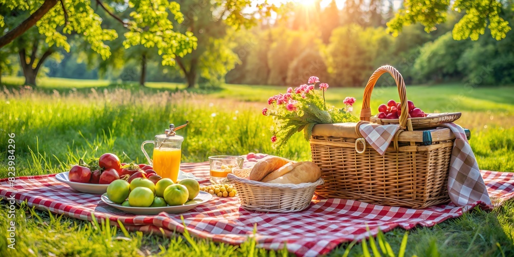 picnic basket with fruits and vegetables In the summer under the sun in ...