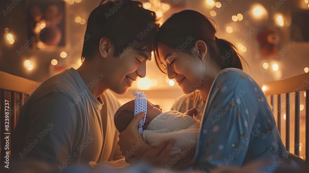 A couple gently placing their newborn into a crib, with a softly lit ...