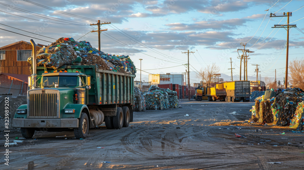 Plastic waste. Trash depot. Recycling. Waste transport. Environmental ...