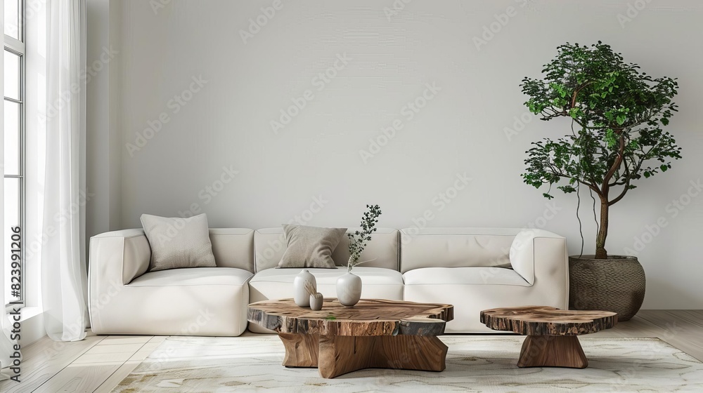 japandi living room interior with live edge coffee table and corner ...