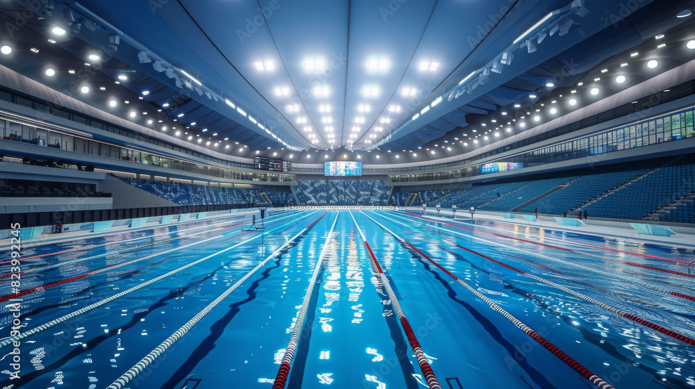 Olympic sized swimming pool. Interior swimming pool, stadium, event. Brightly lit, fresh water ...