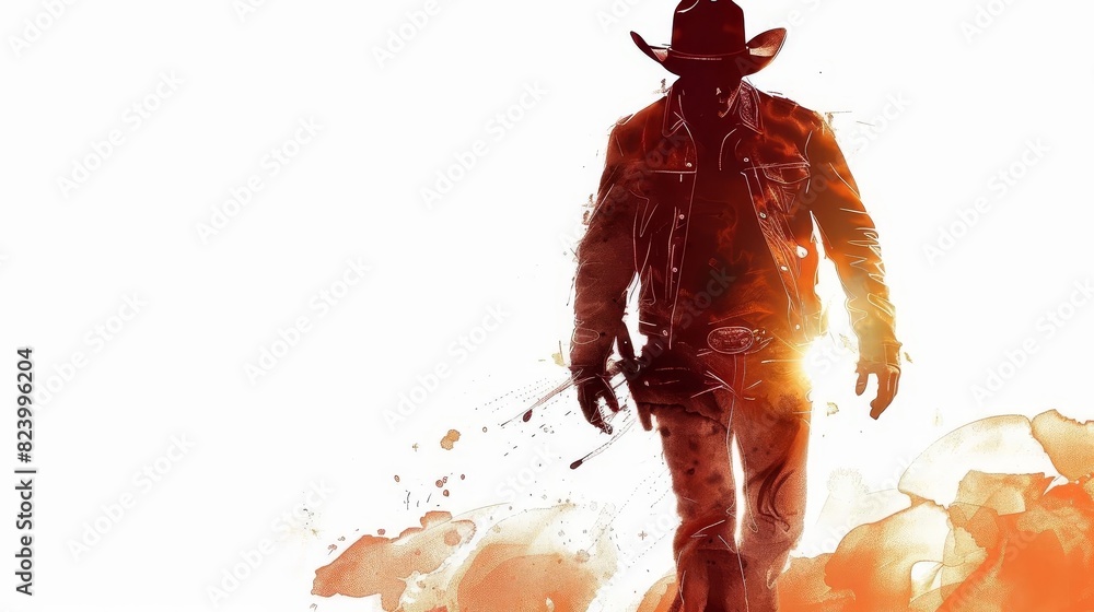 mysterious cowboy silhouette walking away leather jacket isolated on ...