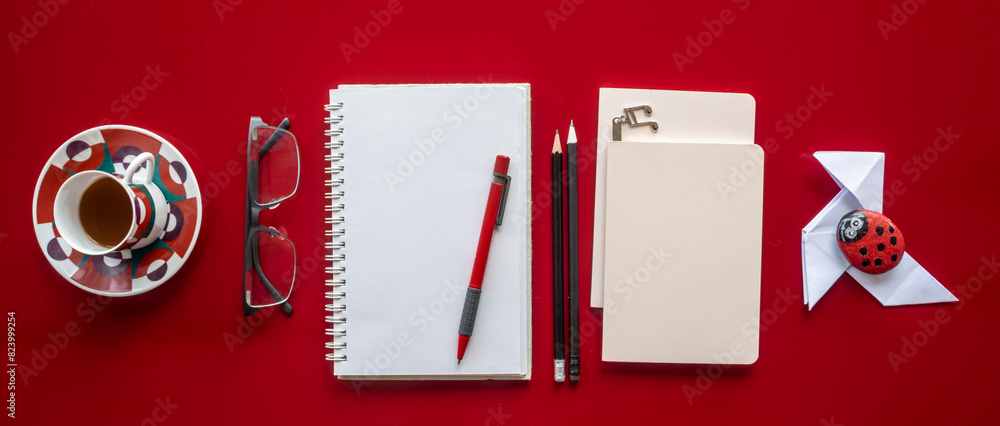 Overhead view of a desk. Red table and objects arranged in an orderly ...