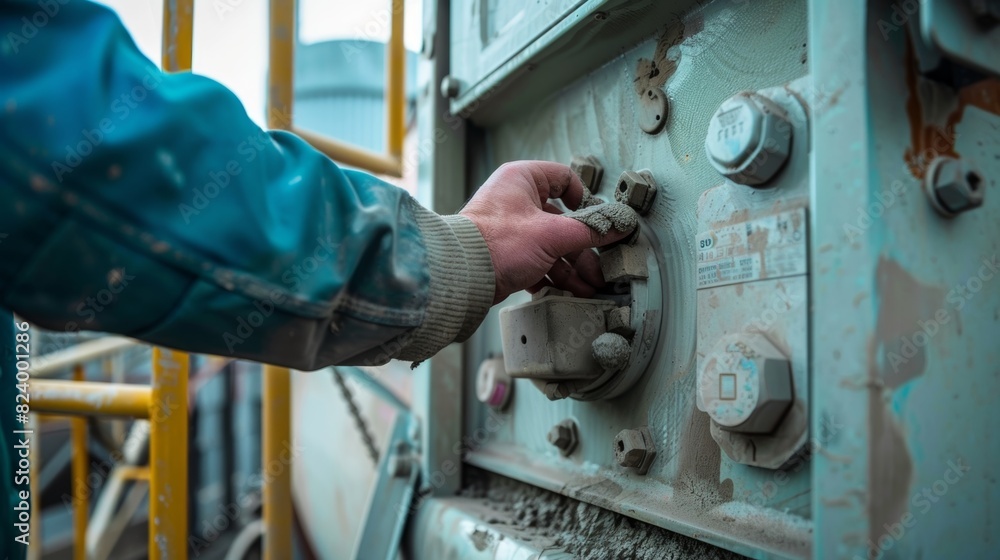 A tour guide pressing a button to start a heavyduty cement mixer ...