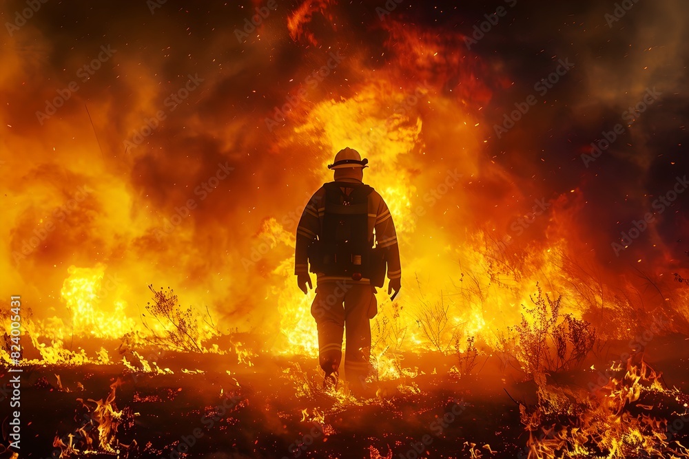 Firefighter standing in front of fire. Natural disaster and wildfire ...