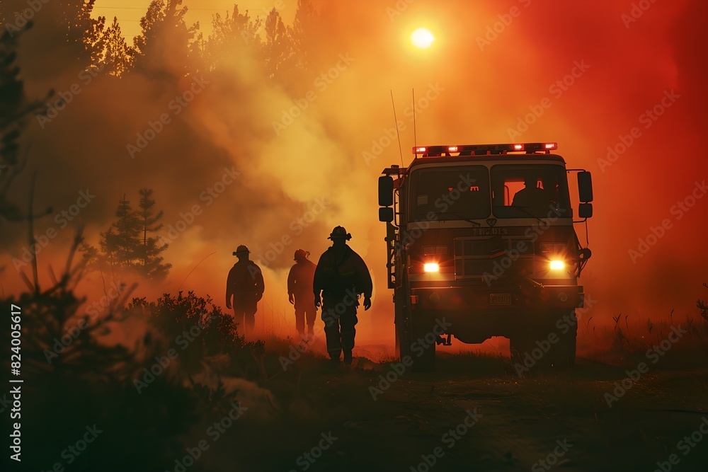 Fire truck and firefighters in smoky forest. Natural disaster and ...