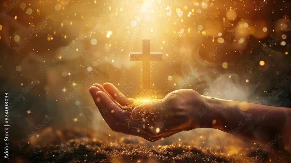 Divine hand of god giving hope, christs cross in background for ...