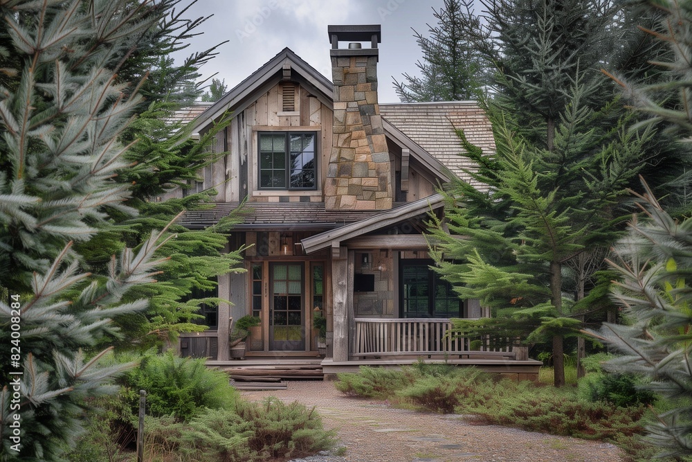: A rustic suburban house with a weathered wood exterior, stone chimney ...