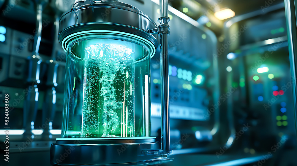Futuristic bioreactor with glowing liquid culture, symbolizing industrial biotechnology Stock ...