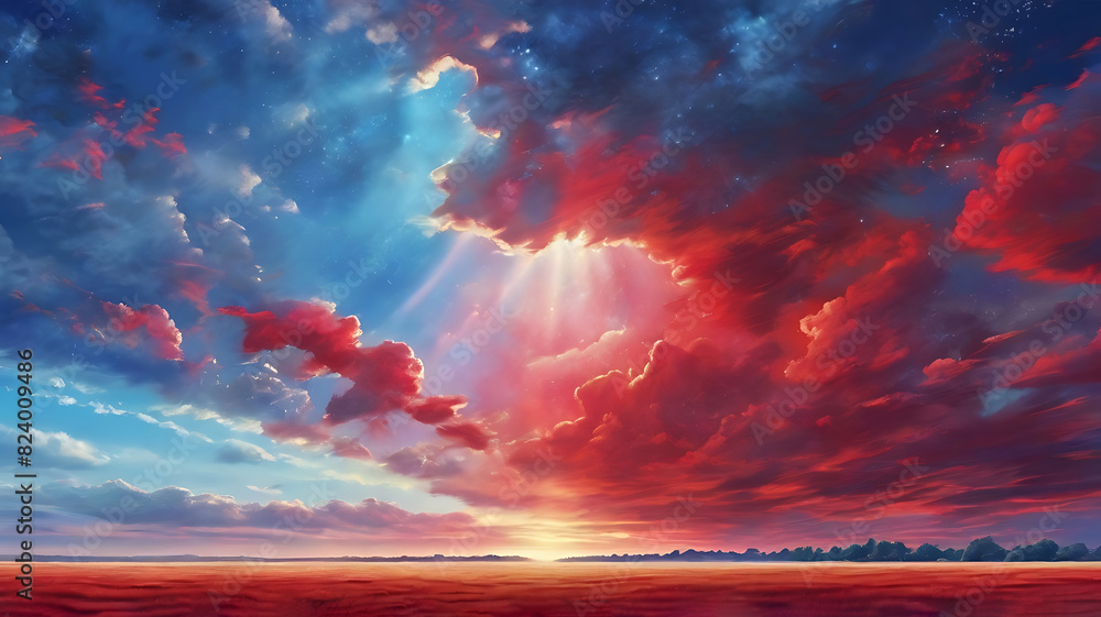 Blue and red sky with clouds. There is a glitter of light reflect on ...