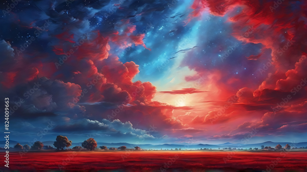 Blue and red sky with clouds. There is a glitter of light reflect on ...
