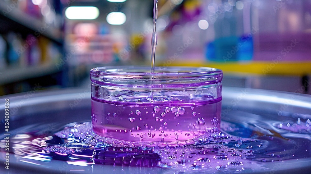 Jar of purple liquid sits atop metal container of blue and purple ...