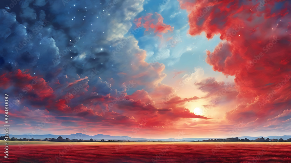 Blue and red sky with clouds. There is a glitter of light reflect on ...