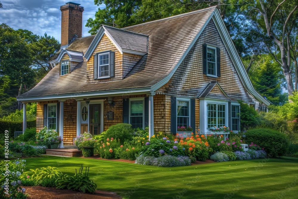 : A traditional Cape Cod-style suburban house with a steep roof, dormer ...