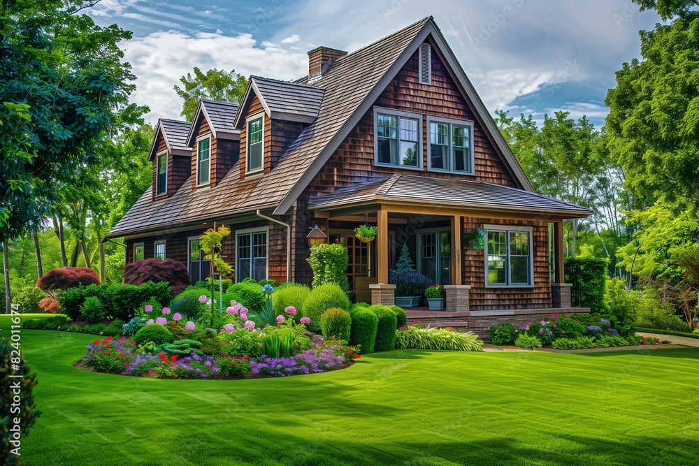 : A traditional Cape Cod-style suburban house with a steep roof, dormer ...