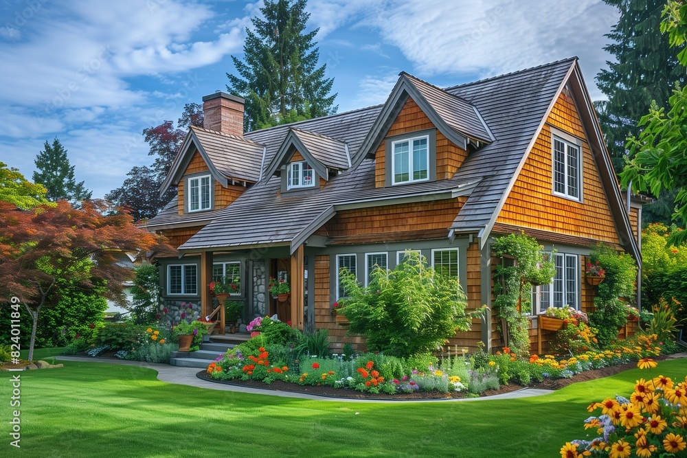 : A traditional Cape Cod-style suburban house with a steep roof, dormer ...