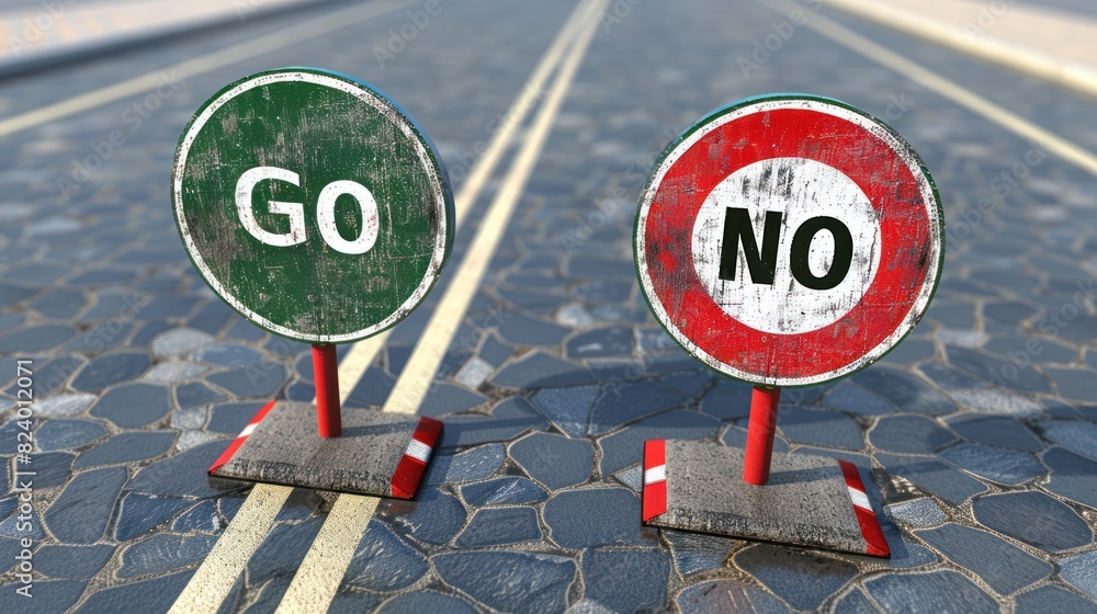 Two traffic signs are seen placed on the side of a road, indicating ...