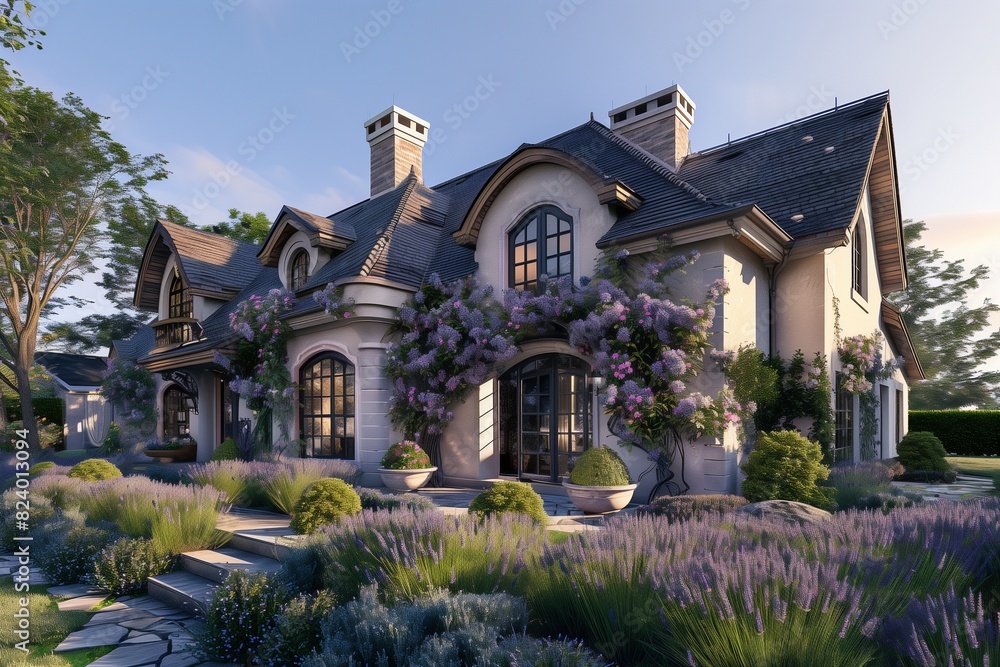 : An elegant French country-style suburban house with steeply pitched ...