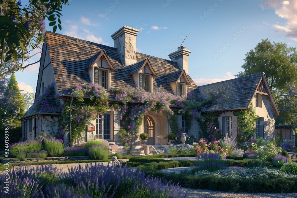 : An elegant French country-style suburban house with steeply pitched ...