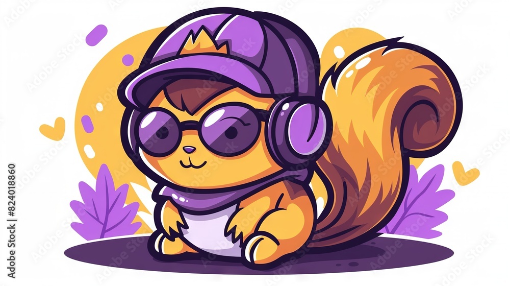 A cartoon of a cat wearing headphones and a baseball cap with a purple ...