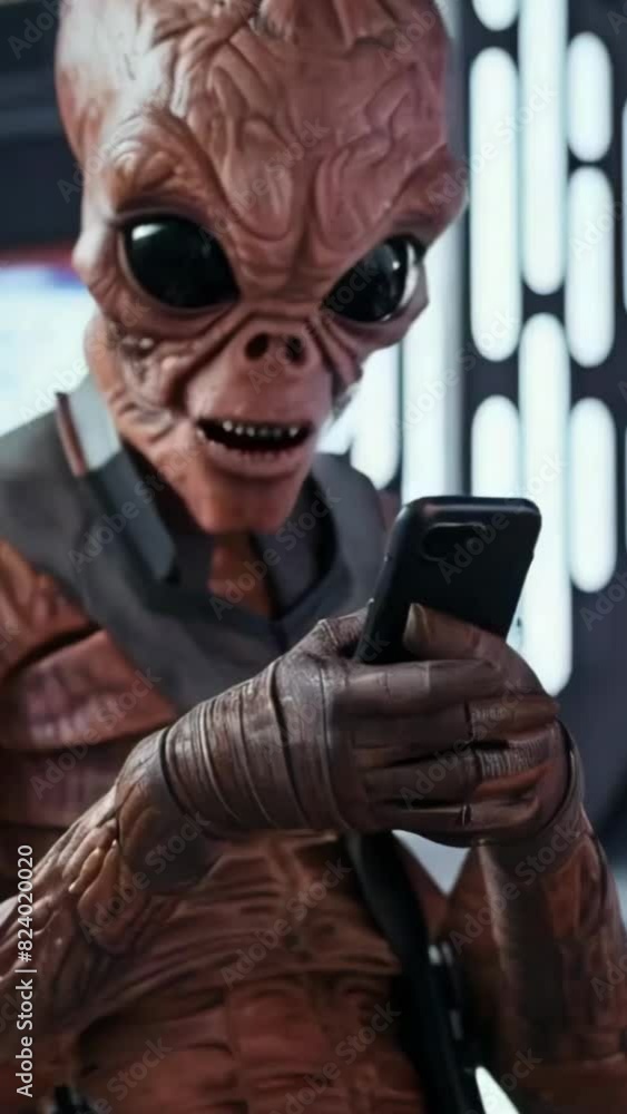 alien looking and using smartphone social media. alien with phone. 4k ...