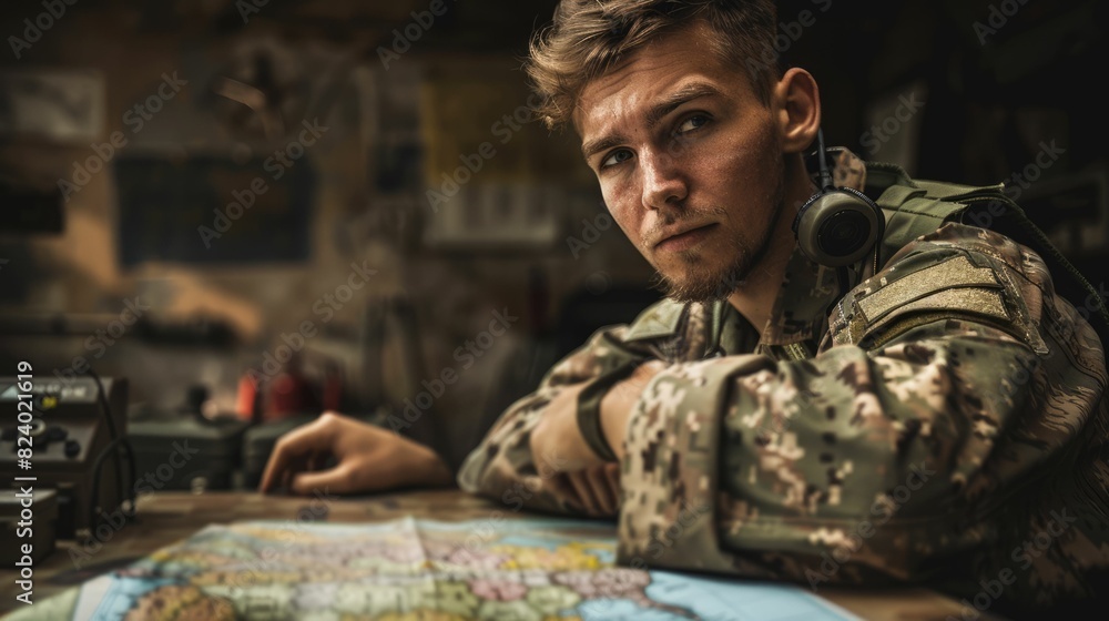 The picture of the military officer working on with map to collect the ...