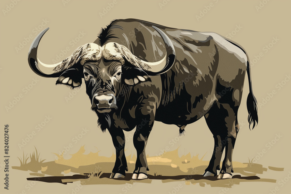 Vector Illustration of Full Body Water Buffalo: Drawing of Brown Bull ...