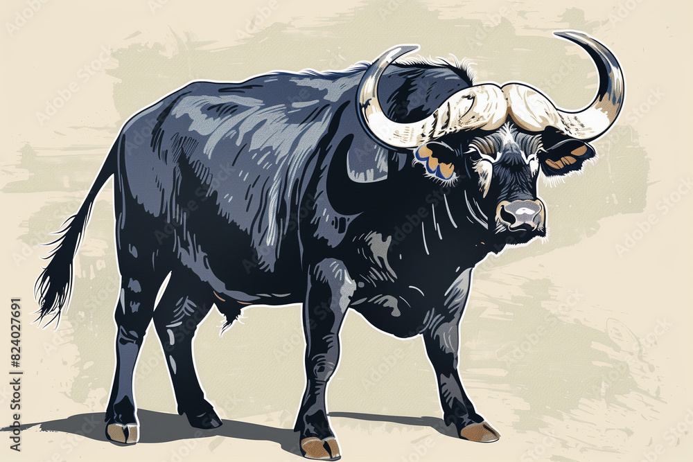 Vector Illustration of Full Body Water Buffalo: Drawing of Bull with ...