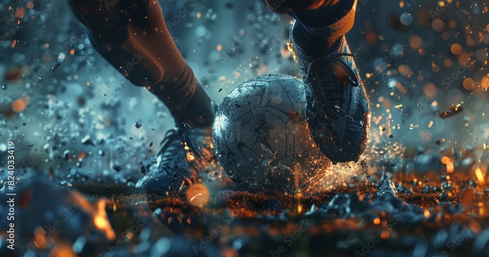 Dynamic Soccer Kick with Artistic Effects. Close-up of a soccer player ...