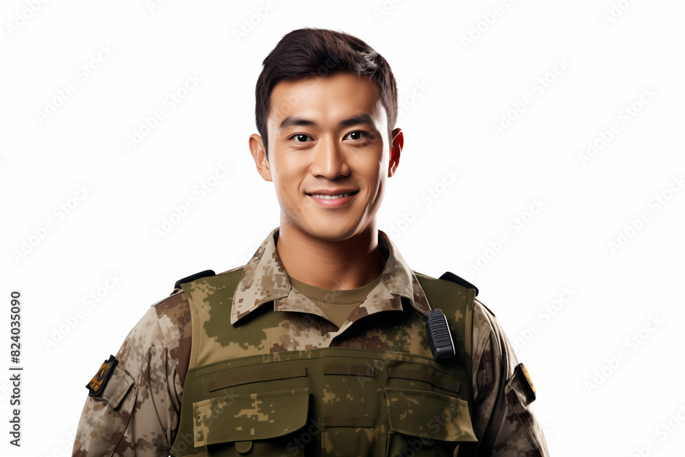 Smiling asian man on white background. War-related topics. War news ...