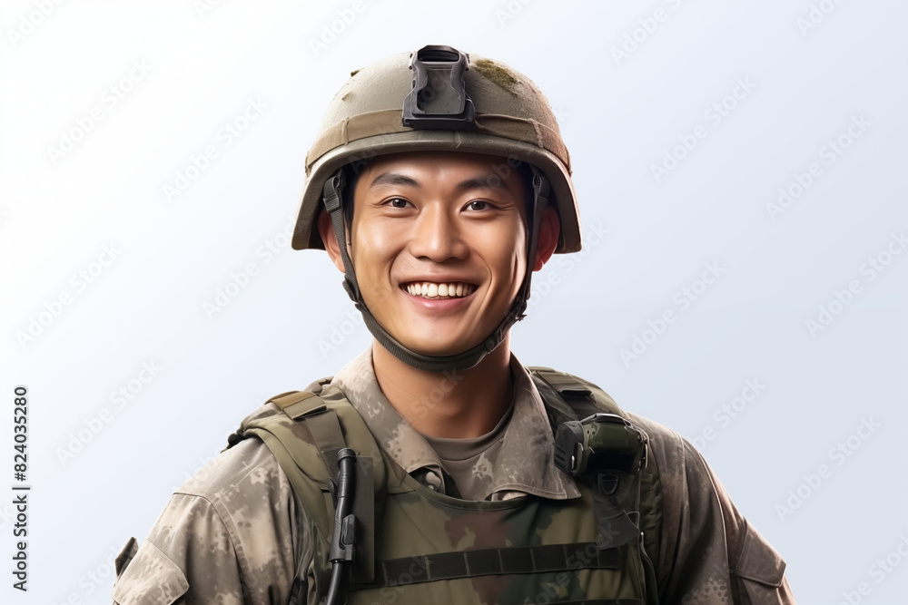 Smiling asian man on white background. War-related topics. War news ...