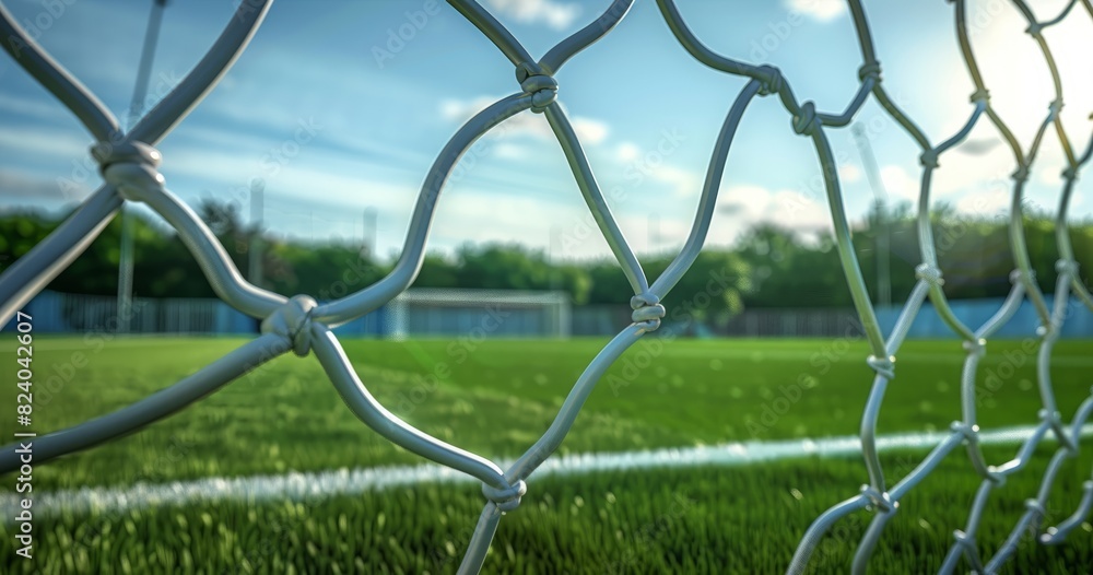 Soccer Field and Goal Net Close-Up. Close-up view of a soccer goal net ...