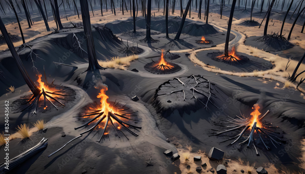 burnt 3d scorched devastated grass illustration vegetation valley trees ...