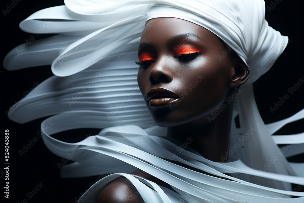 Fashion Surreal Concept. Closeup portrait of black woman in avant garde ...